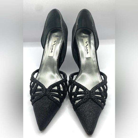 Nina | Shoes | Womens Nina Low Kitten Heels Shoes Black Glitter Pointy ...